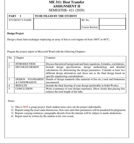 ME 311: Heat Transfer ASSIGNMENT II SEMESTER-421 | Chegg.com