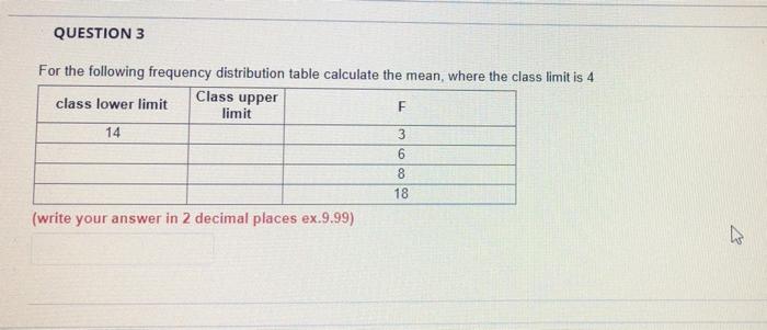 Solved QUESTION 3 For the following frequency distribution | Chegg.com