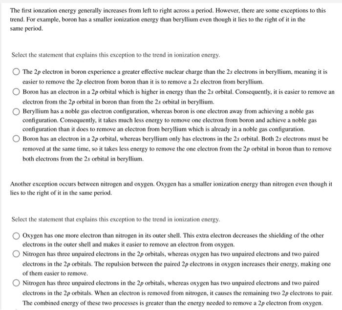 Solved The first ionzation energy generally increases from | Chegg.com