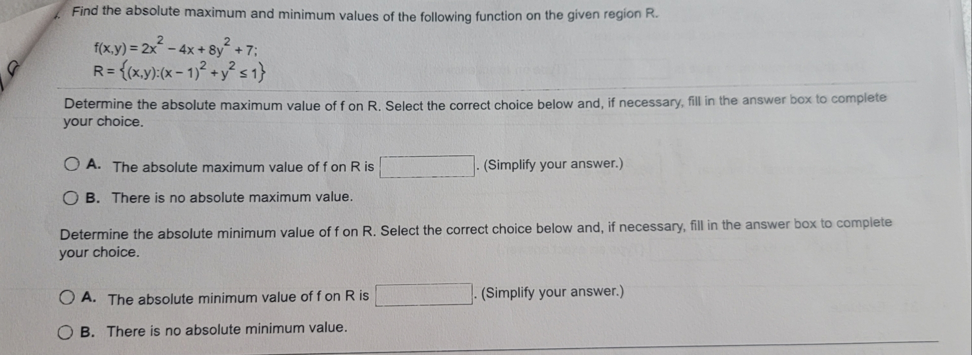 Solved Find the absolute maximum and minimum values of the | Chegg.com