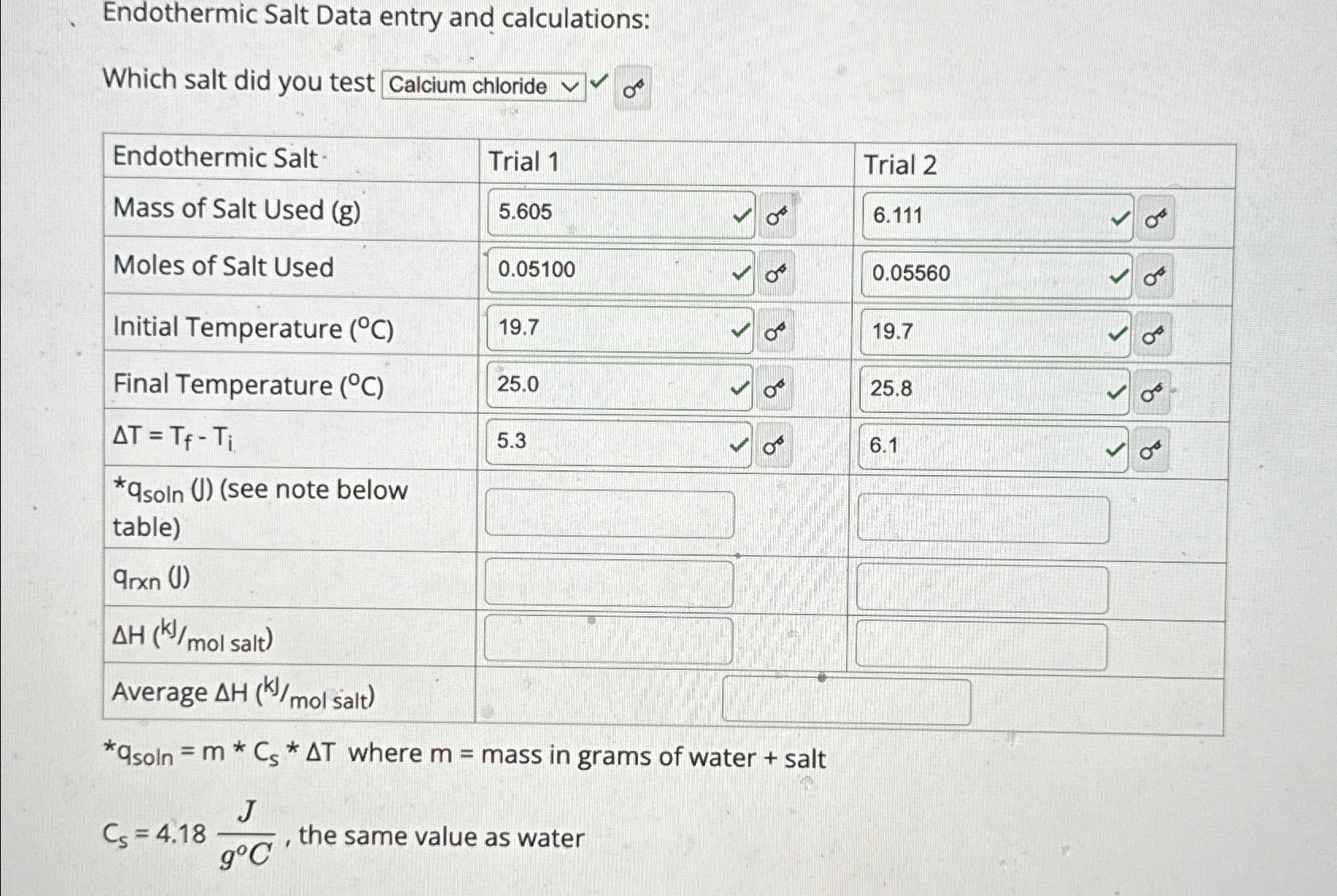Endothermic Salt Data entry and calculations:Which | Chegg.com
