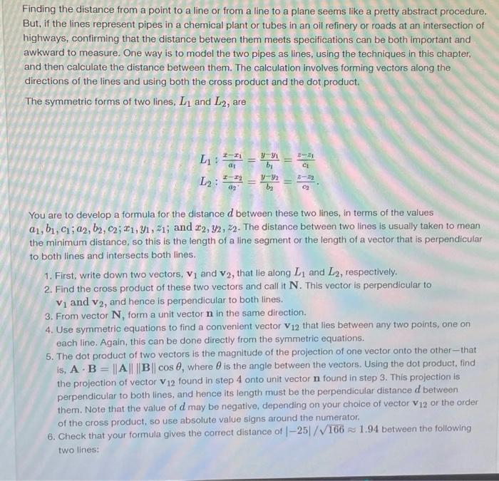 Solved Distance between Two Skew LinesFinding the distance | Chegg.com