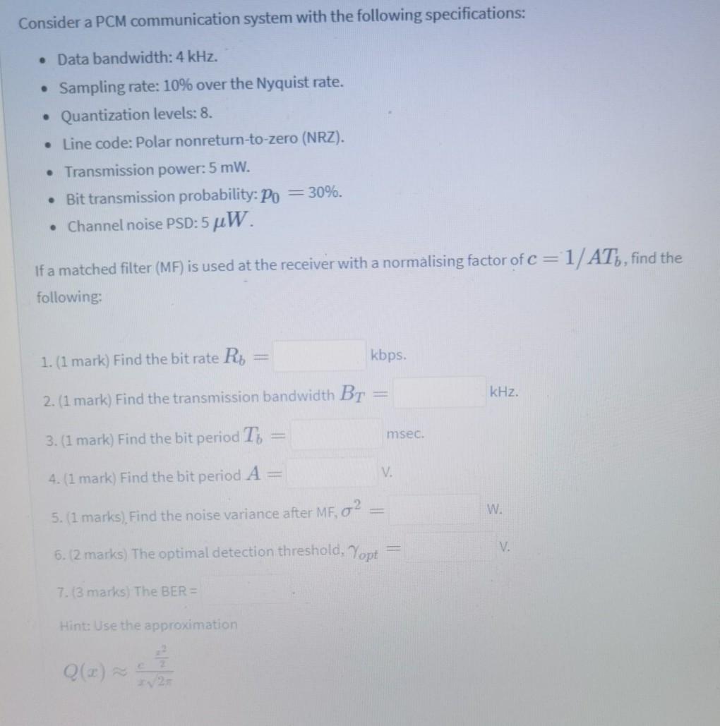Solved Consider a PCM communication system with the | Chegg.com
