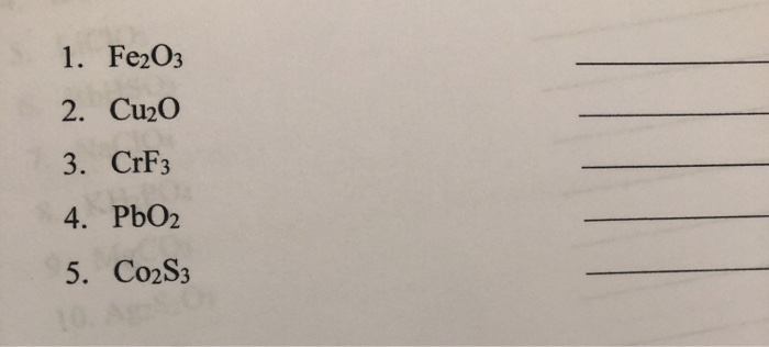 Solved 1. Fe2O3 2. Cu20 3. CrF3 4. PbO2 5. Co2S3 | Chegg.com