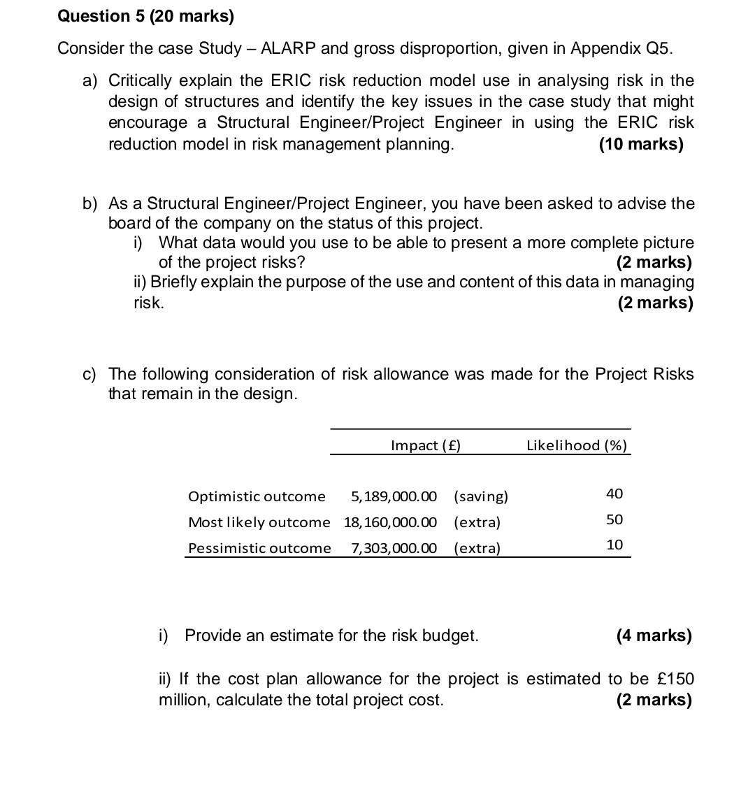 Solved Question 5 (20 marks) Consider the case Study - ALARP | Chegg.com