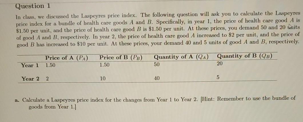 Solved Question 1 In class, we discussed the Laspeyres price | Chegg.com