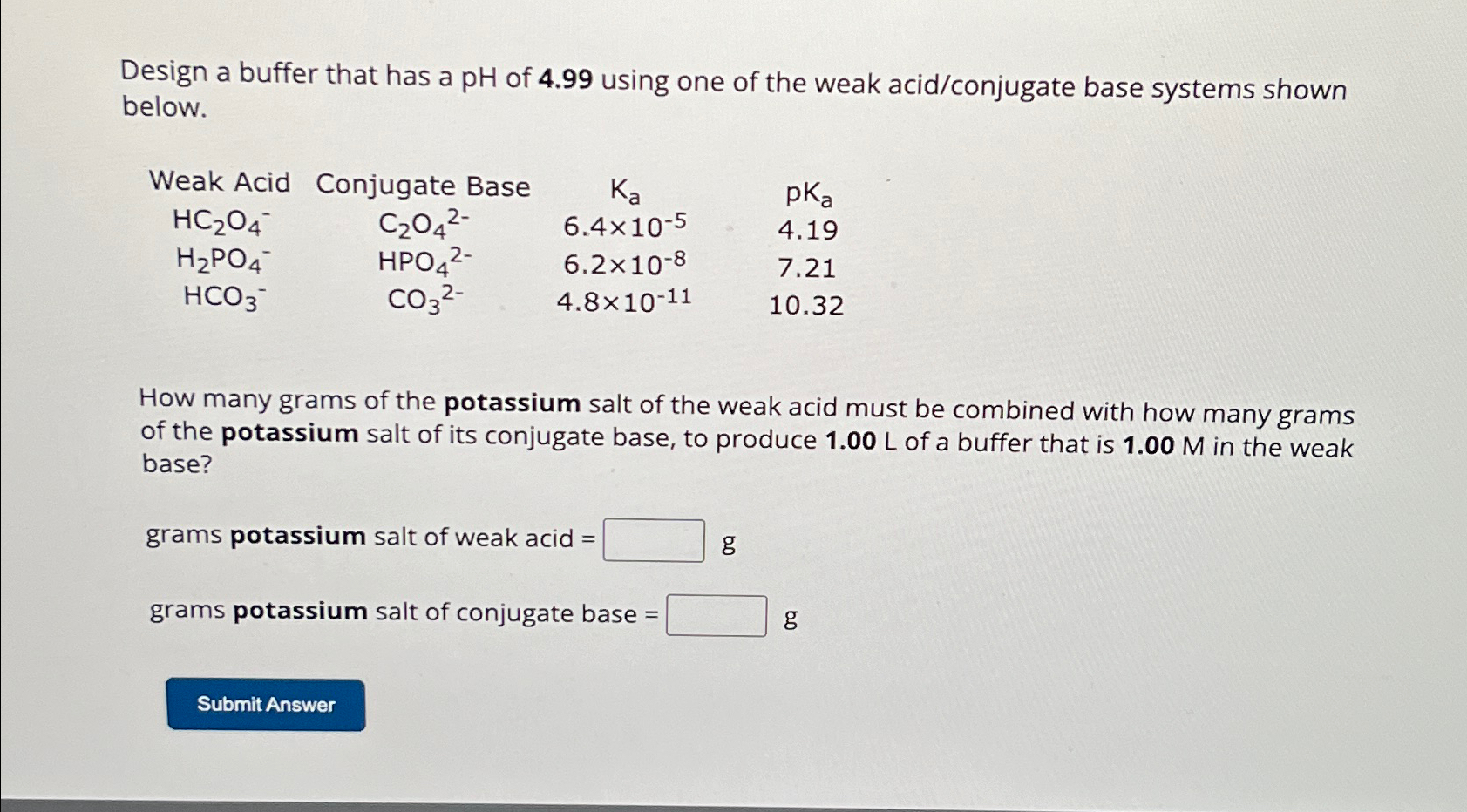 Solved Design A Buffer That Has A Ph Of 499 ﻿using One Of 2859