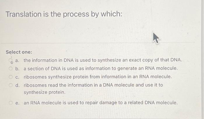 Solved Translation is the process by which: Select one: a. | Chegg.com