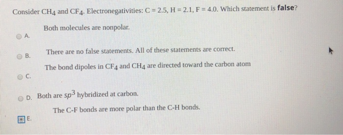 Solved Consider CH4 and CF4. Electronegativities: C = 2.5, H | Chegg.com