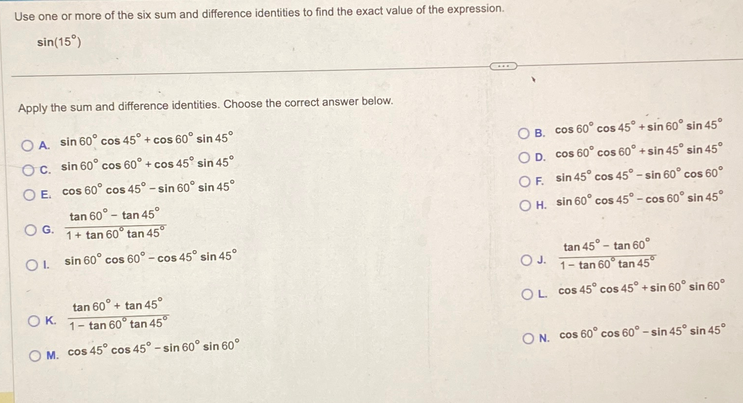Solved Use one or more of the six sum and difference | Chegg.com