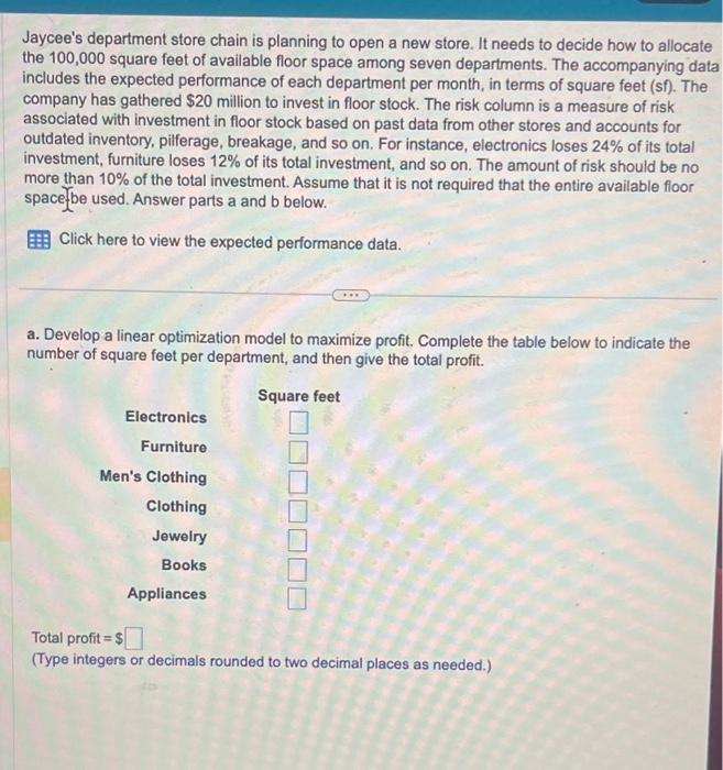 Solved Jaycee's department store chain is planning to open a | Chegg.com