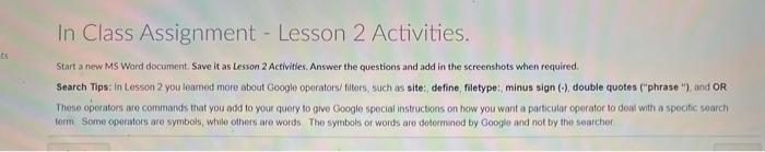 Solved In Class Assignment - Lesson 2 Activities. Start a | Chegg.com