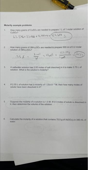 Solved Molarity example problems 1. How many grams of CuSOu | Chegg.com