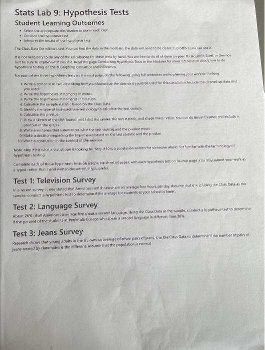 Solved Stats Lab 9: Hypothesis Tests Student Learning | Chegg.com