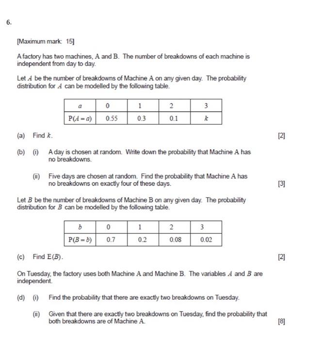 Solved 6. [Maximum mark: 15) A factory has two machines, A | Chegg.com
