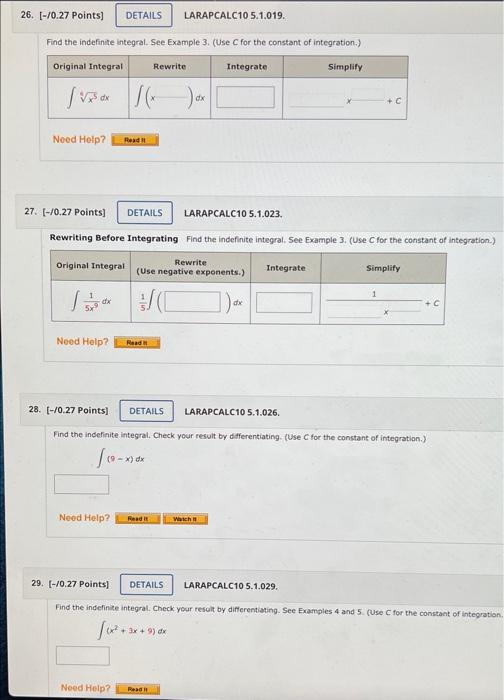 Solved 26. [-70.27 Points) DETAILS LARAPCALC10 5.1.019. Find | Chegg.com