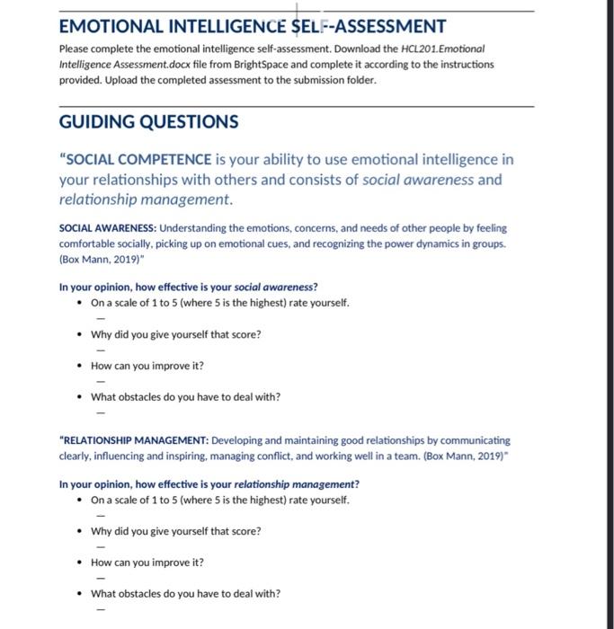 Solved EMOTIONAL INTELLIGENCE SELF-ASSESSMENT Please | Chegg.com