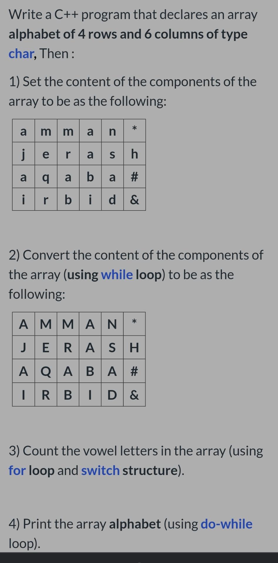 Solved Write a C++ program that declares an array alphabet | Chegg.com
