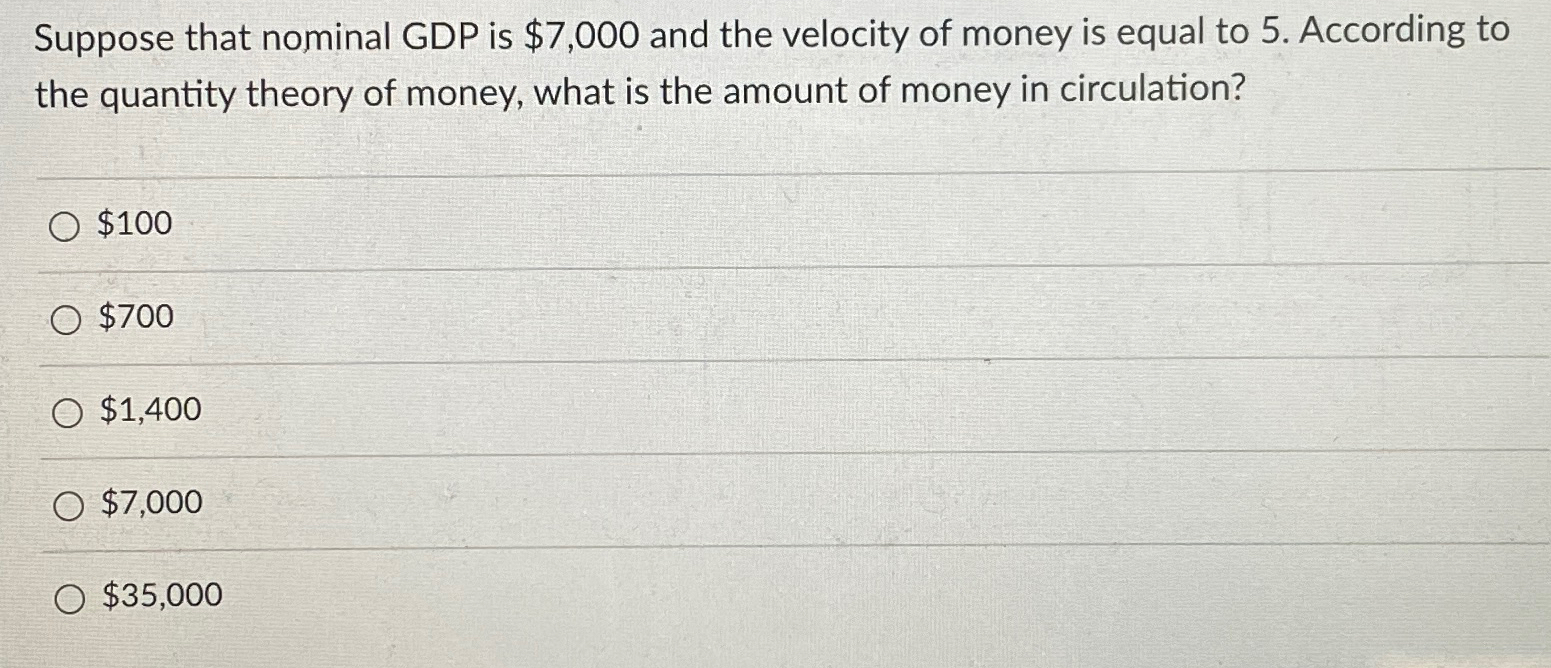 Solved Suppose that nominal GDP is $7,000 ﻿and the velocity | Chegg.com