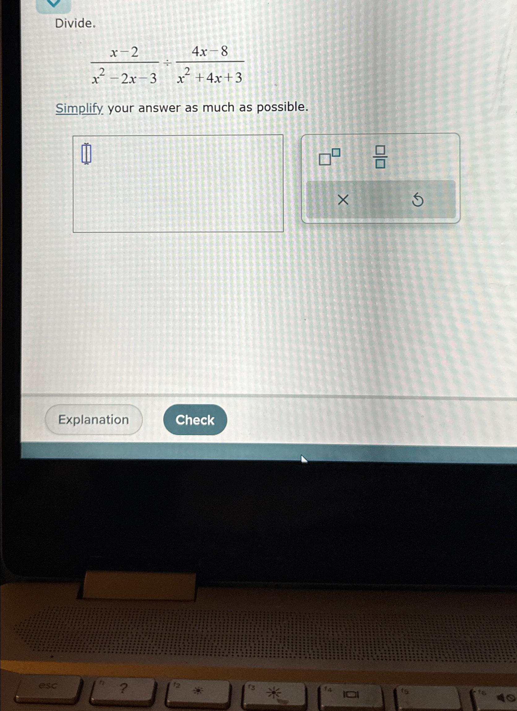 Solved Divide.x-2x2-2x-3÷4x-8x2+4x+3Simplify your answer as | Chegg.com