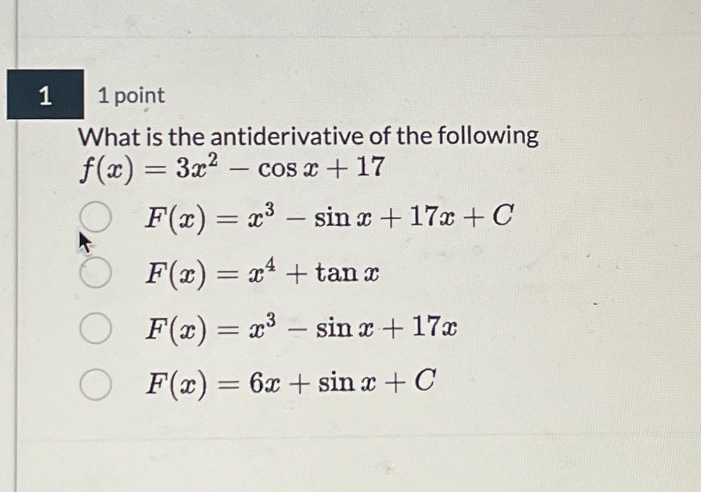 Solved 11 ﻿pointWhat is the antiderivative of the | Chegg.com