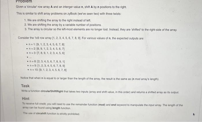 Solved Given a 'circular' row array A and an interger value | Chegg.com Solved Given a 'circular' row array A and an interger value | Chegg.com