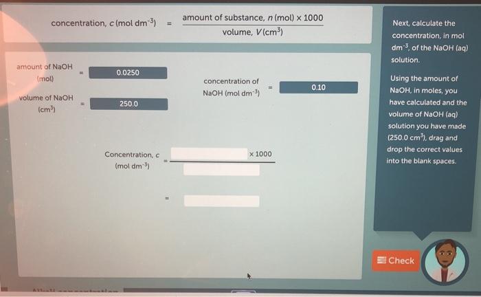 Solved concentration, c(mol dm-3) = amount of substance, n | Chegg.com