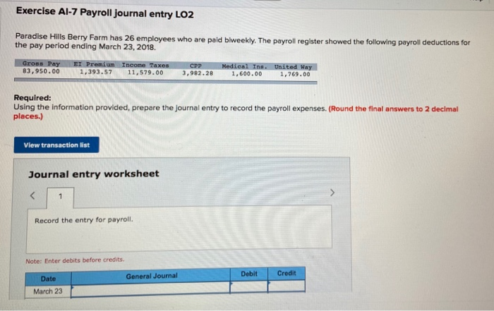 Solved Exercise A1-7 Payroll journal entry LO2 Paradise | Chegg.com