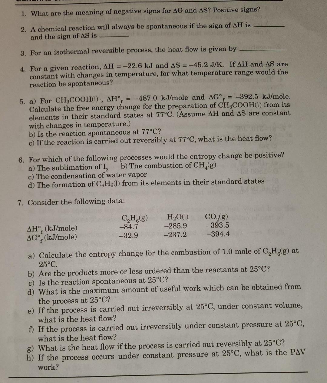 Solved 1. What are the meaning of negative signs for AG and | Chegg.com