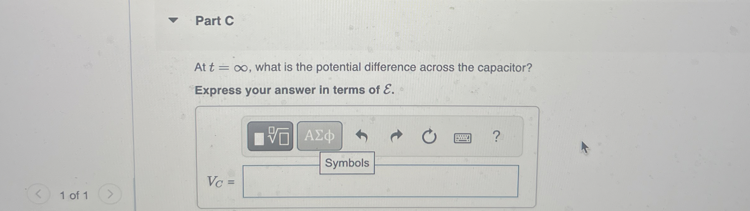 Solved Part CAt t=∞, ﻿what is the potential difference | Chegg.com