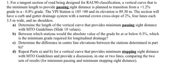 Solved 1. For a tangent section of road being designed for | Chegg.com