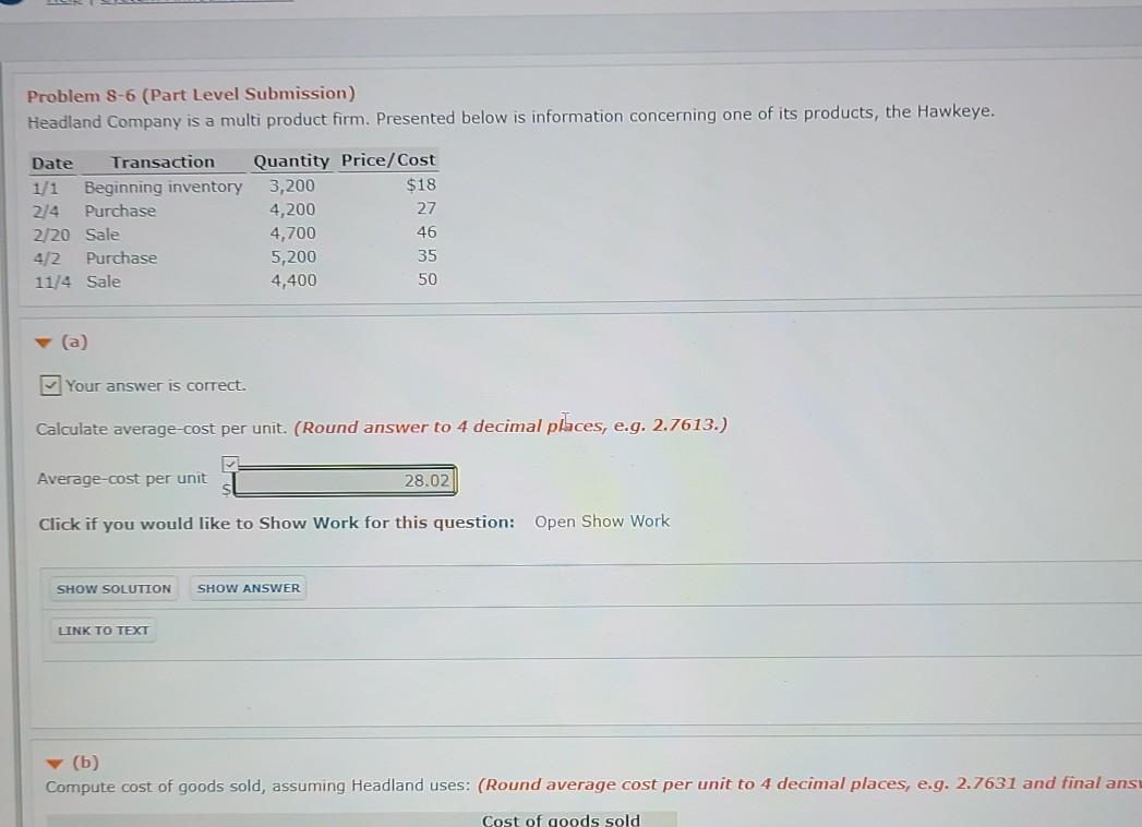Solved Problem S-6 (Part Level Submission) Headland Company | Chegg.com