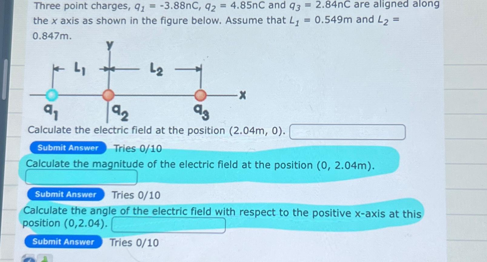 Solved Three point charges, q1=-3.88nC,q2=4.85nC ﻿and | Chegg.com