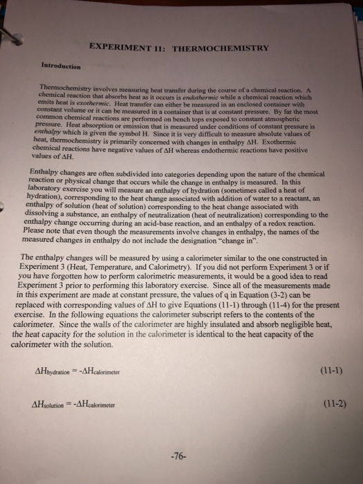 EXPERIMENT 11: THERMOCHEMISTRY Introduction | Chegg.com