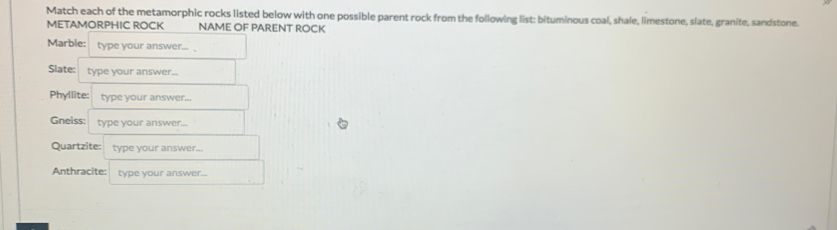 Solved Match each of the metamorphic rocks listed below with | Chegg.com
