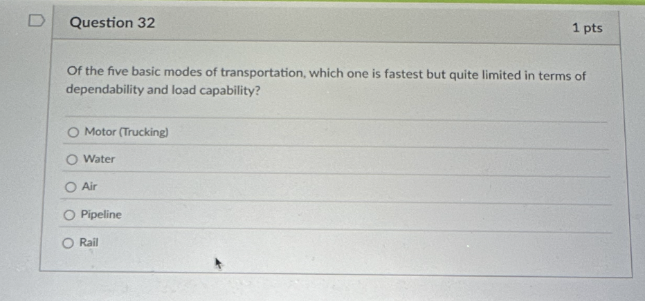 Solved Question 32Of the five basic modes of transportation, | Chegg.com