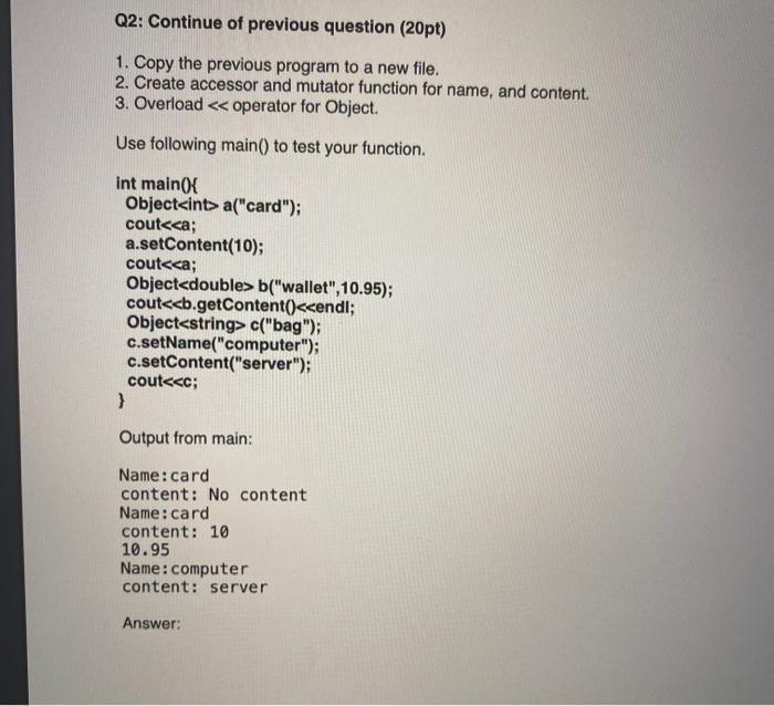 Solved Q1: Create a class named Object. (20pt) 1. Data | Chegg.com