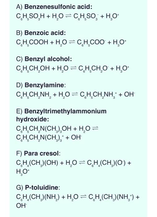 Solved A) Benzenesulfonic acid: C6H5SO3H+H2O⇌C6H5SO3−+H3O+ | Chegg.com