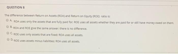 Solved QUESTION 8 The difference between Return on Assets | Chegg.com