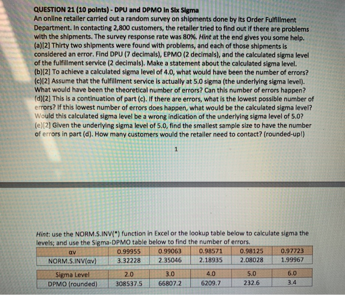 Solved QUESTION 21 (10 points) - DPU and DPMO In Six Sigma | Chegg.com