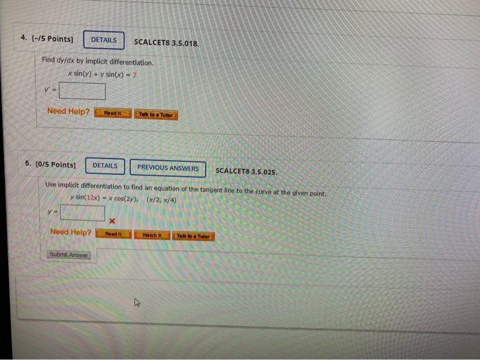 Solved 4. (-15 Points) DETAILS SCALCET8 3.5.018. Find dy/dx | Chegg.com