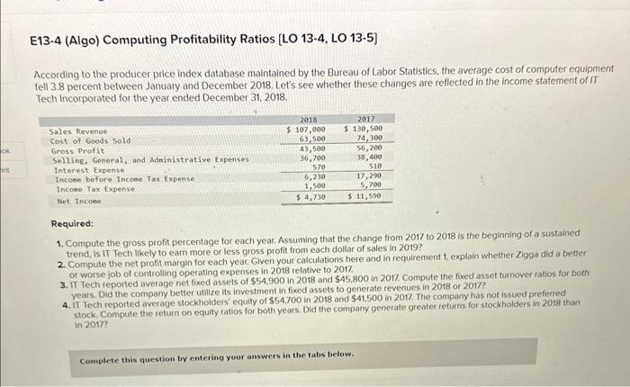 Solved E13-4 (Algo) Computing Profitability Ratios [LO 13-4, | Chegg.com