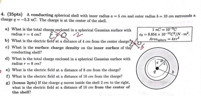 Solved A conducting spherical shell with inner radius a=5cm | Chegg.com