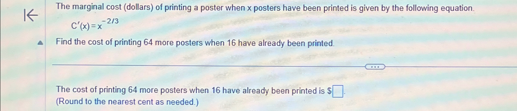 Solved The marginal cost (dollars) ﻿of printing a poster | Chegg.com