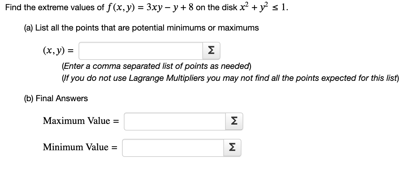 Solved Find the extreme values of f(x,y)=3xy-y+8 ﻿on the | Chegg.com