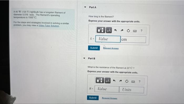 Solved A40 W (320 V] lightbub has a tungsten fiament of | Chegg.com