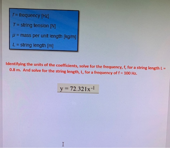 f = frequency [Hz] T= string tension [N] u = mass per | Chegg.com