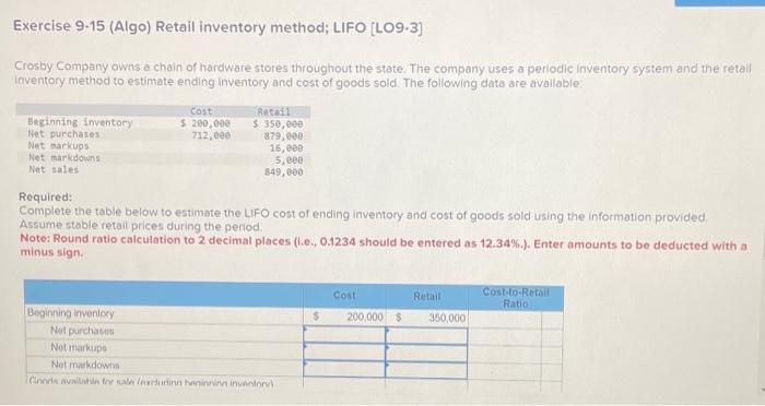 Solved Exercise 9.15 (Algo) Retail inventory method; LIFO | Chegg.com