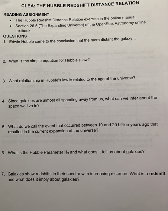 Solved CLEA: THE HUBBLE REDSHIFT DISTANCE RELATION READING | Chegg.com