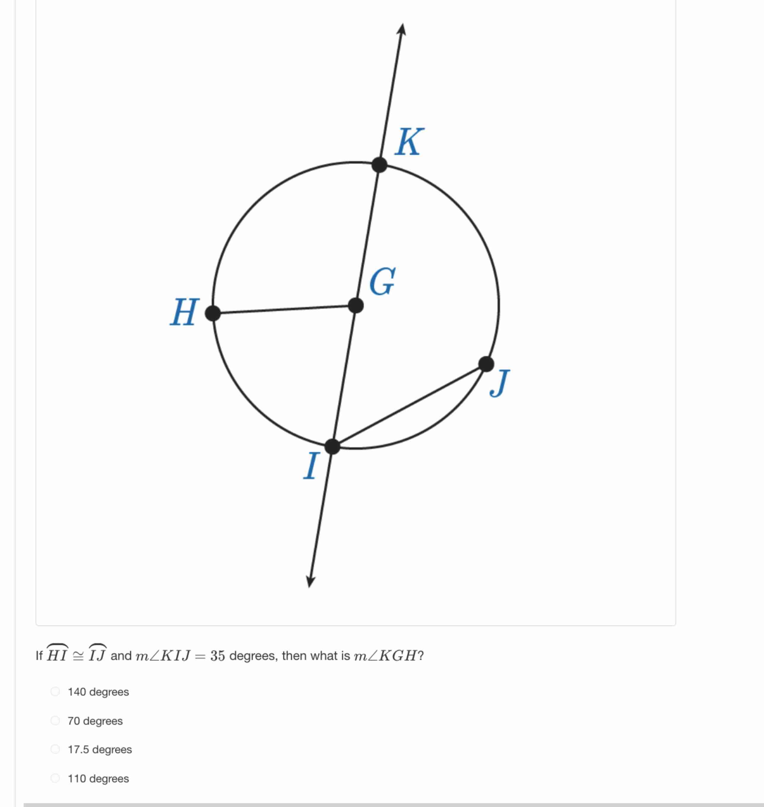 If HI⏜~=IJ⏜ ﻿and m?KIJ=35 ﻿degrees, then what | Chegg.com